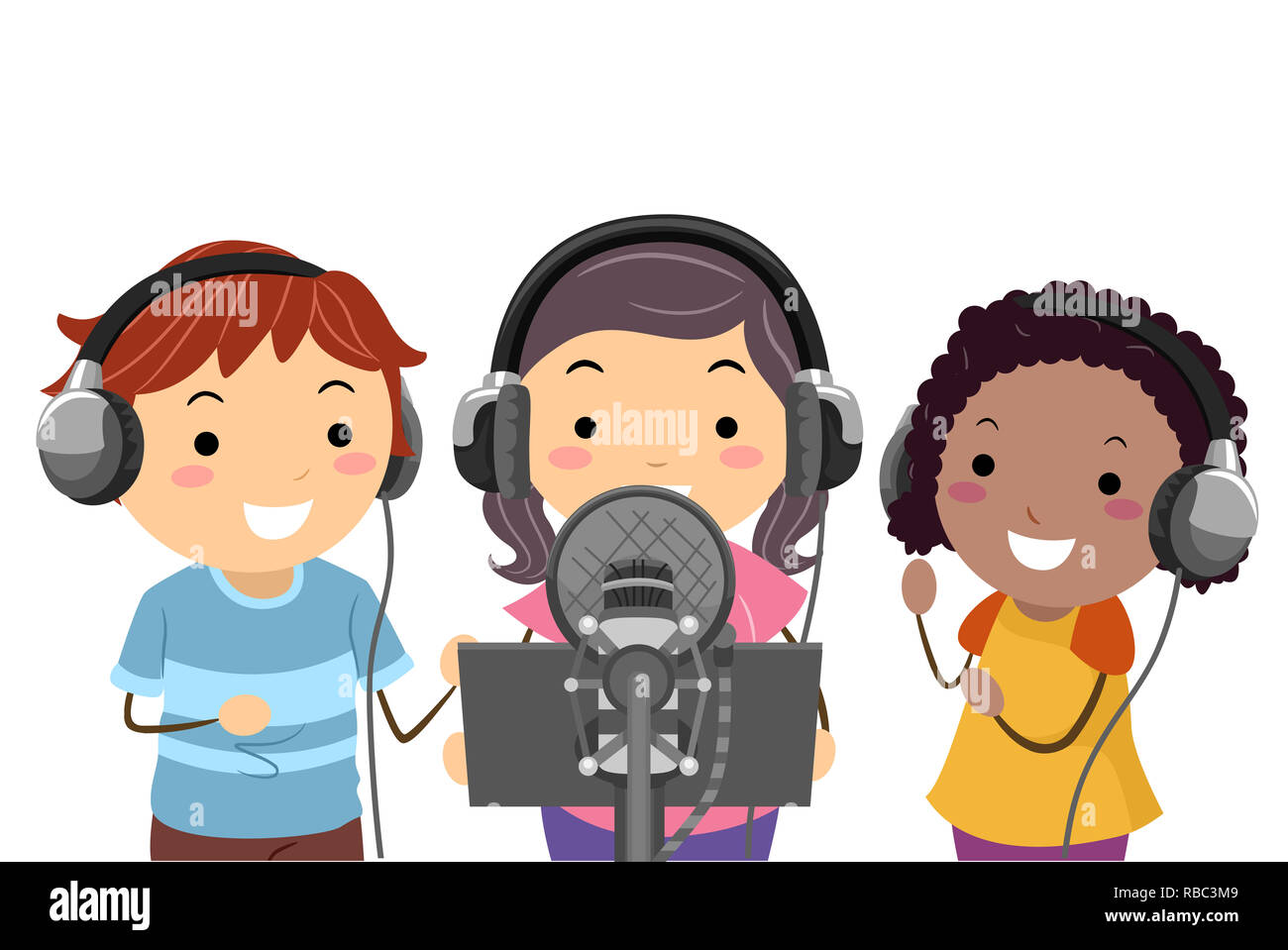 Illustration of Stickman Kids with Headphones and Microphone Recording ...
