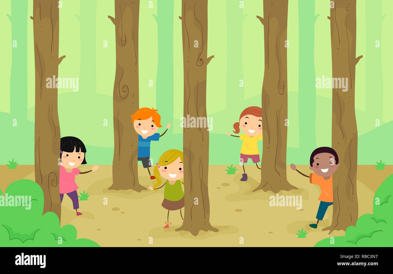 Illustration of Stickman Kids Peaking from Trees in the Woodland Stock ...