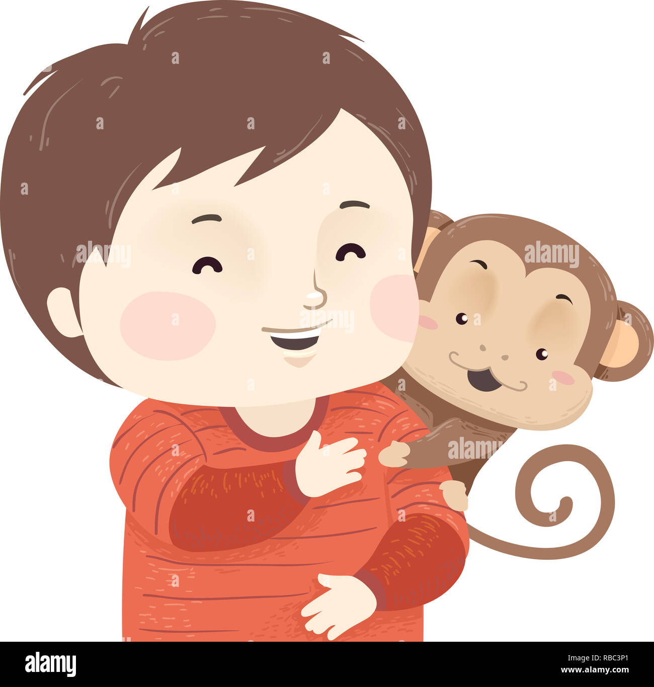 Illustration of a Kid Boy with Pet Monkey Hugging From Behind Stock ...