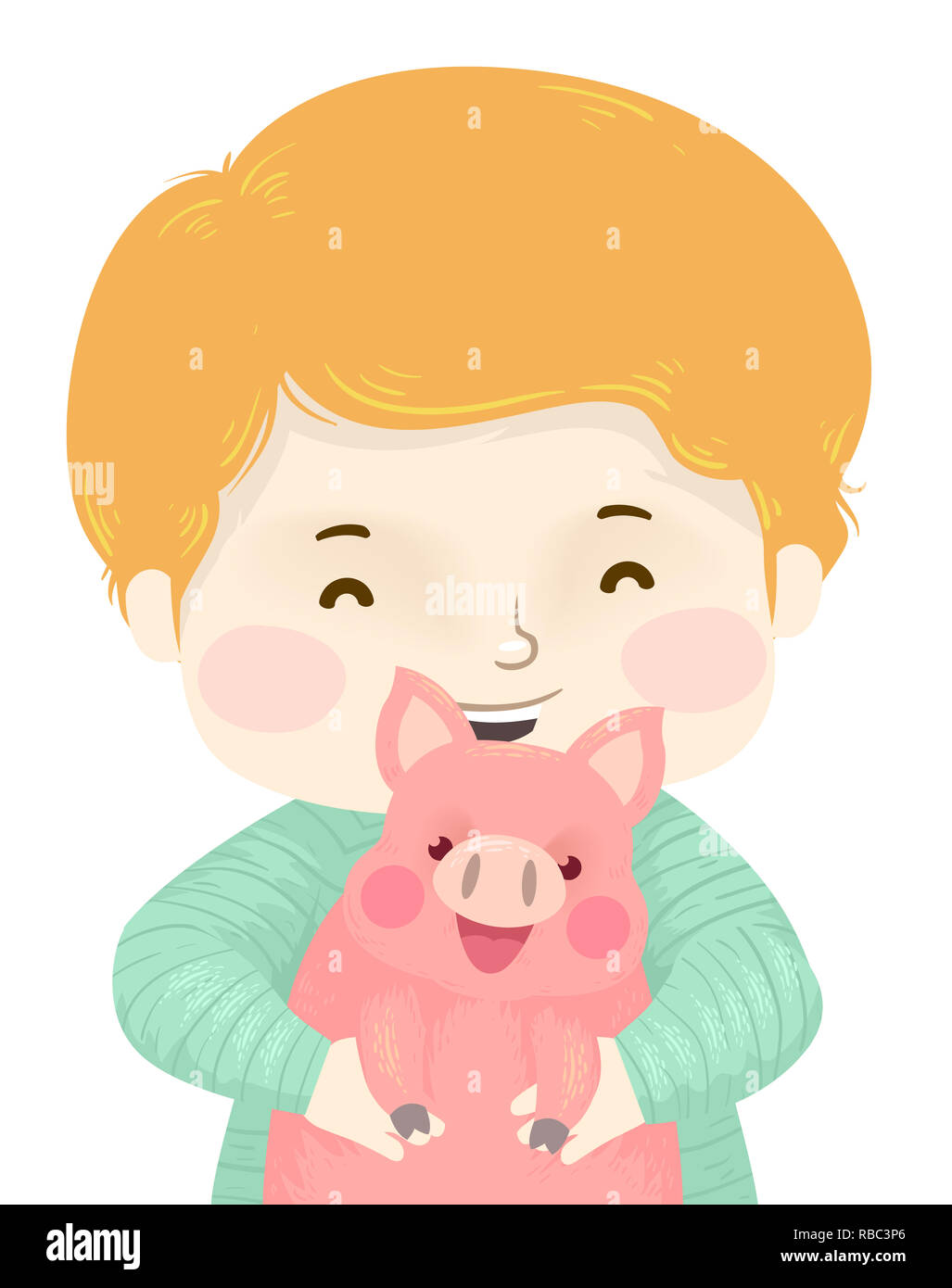 Illustration of a Kid Boy Hugging a Pet Pig Stock Photo - Alamy
