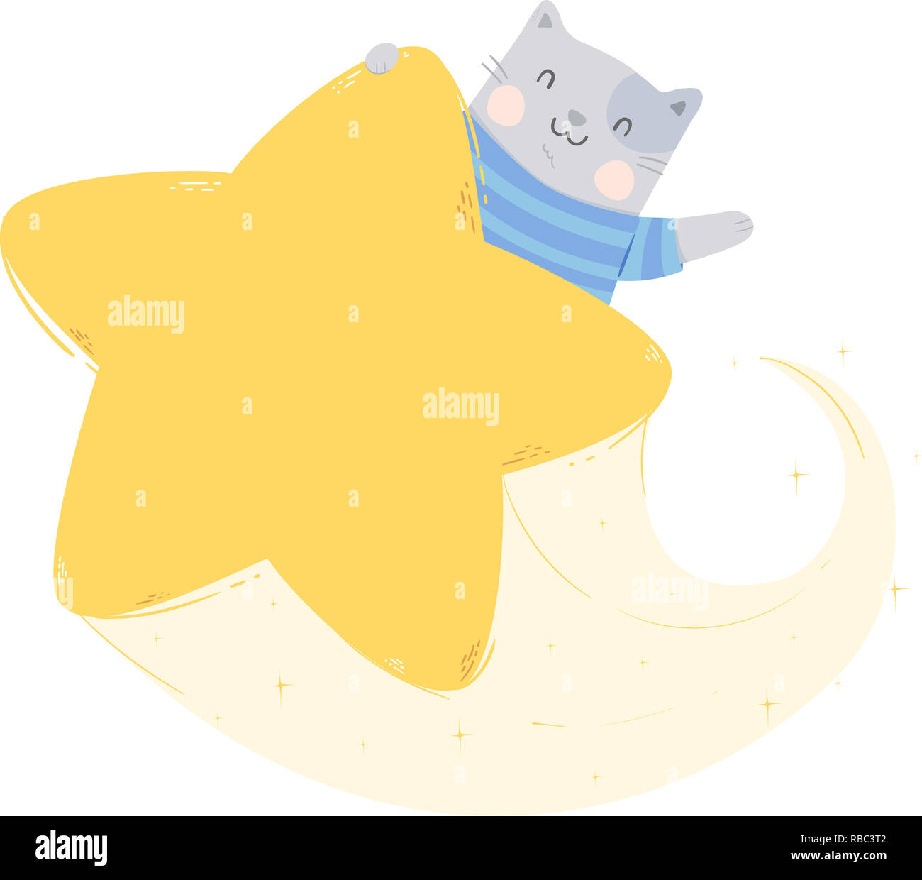 Illustration of a Cat Waving Hello and Riding a Star Stock Photo - Alamy
