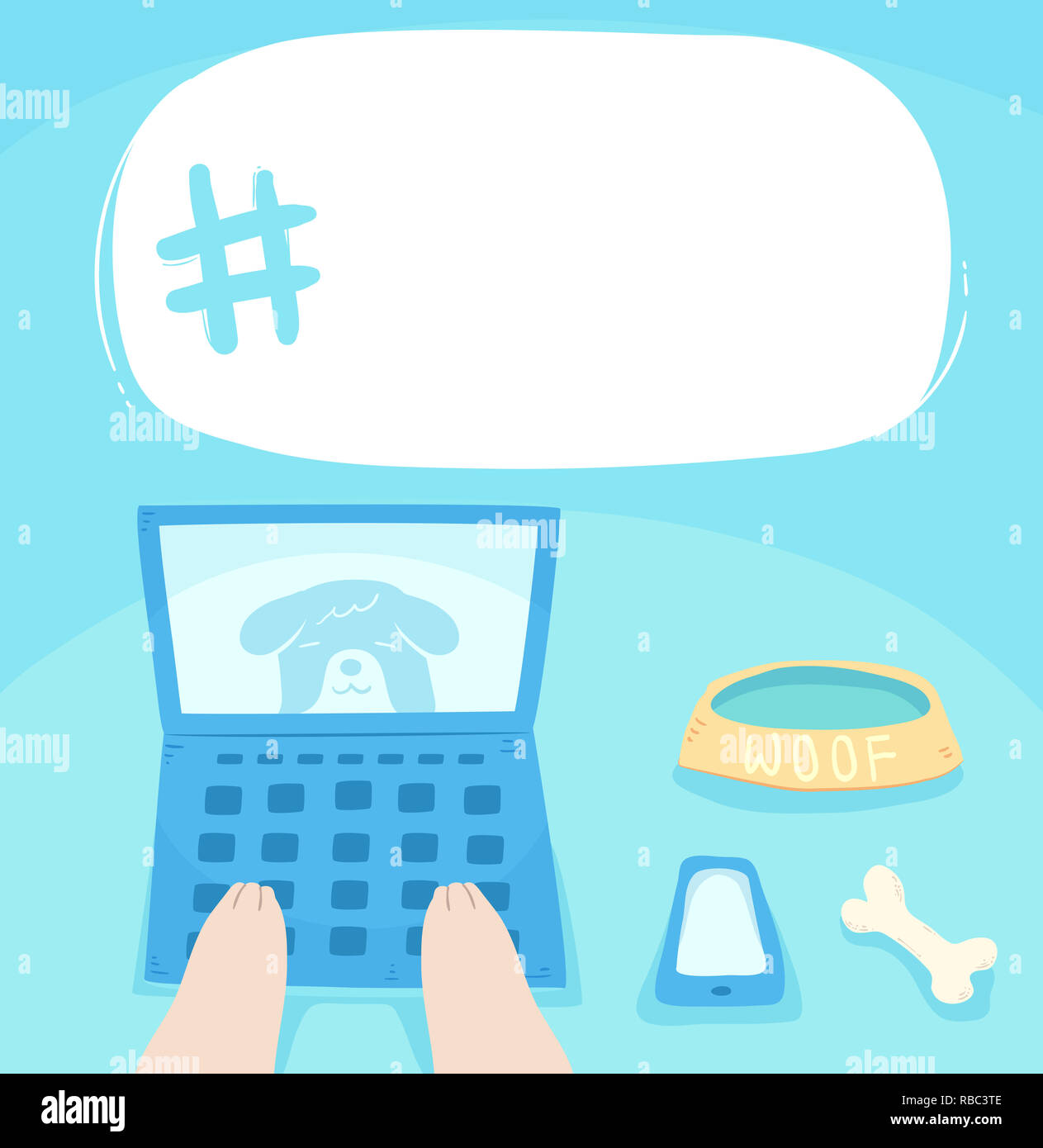 Illustration of a Dog Typing on a Laptop with Blank Hashtag Speech ...