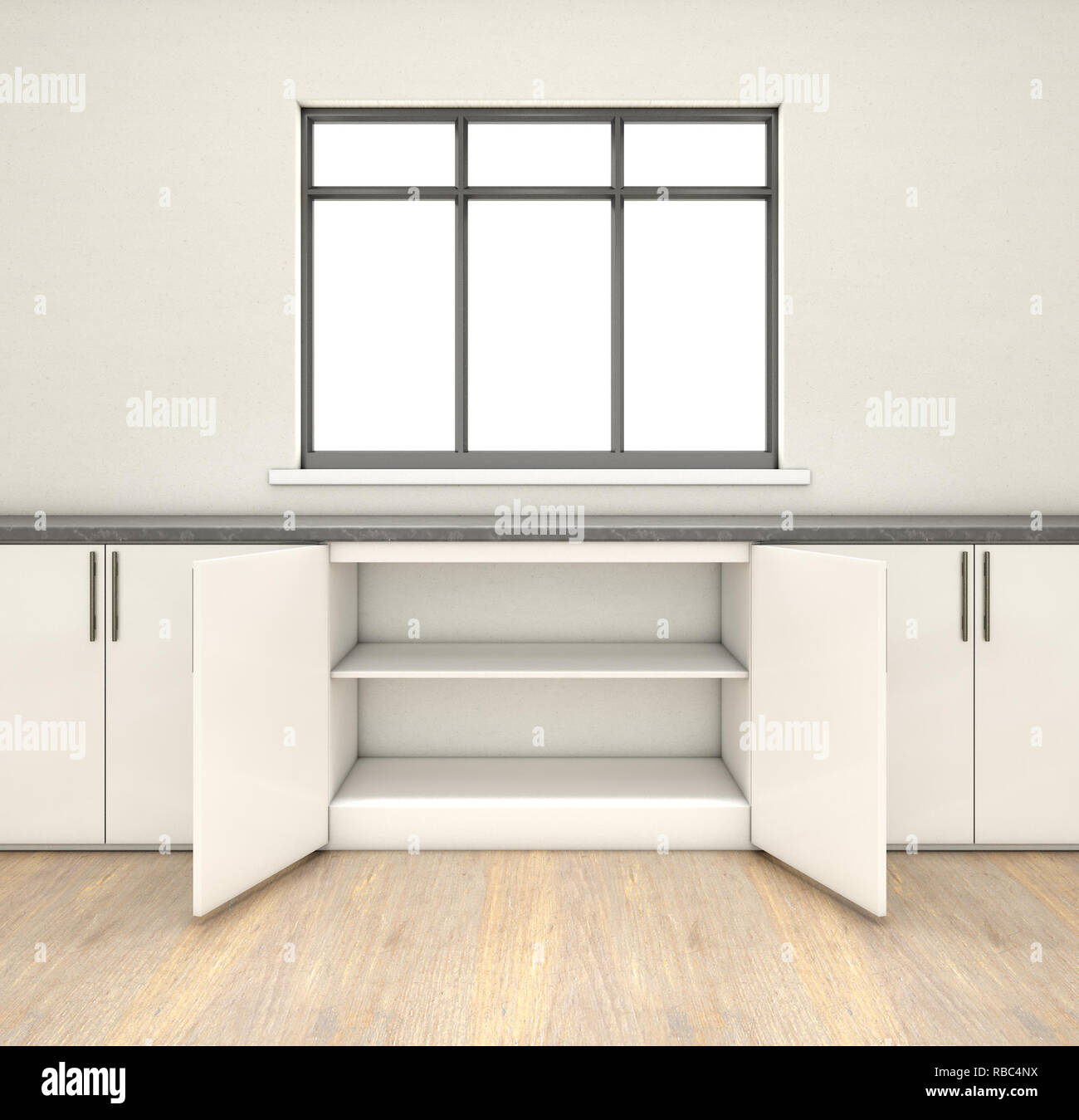 An interior of a very clean empty kitchen with a row of built in ...