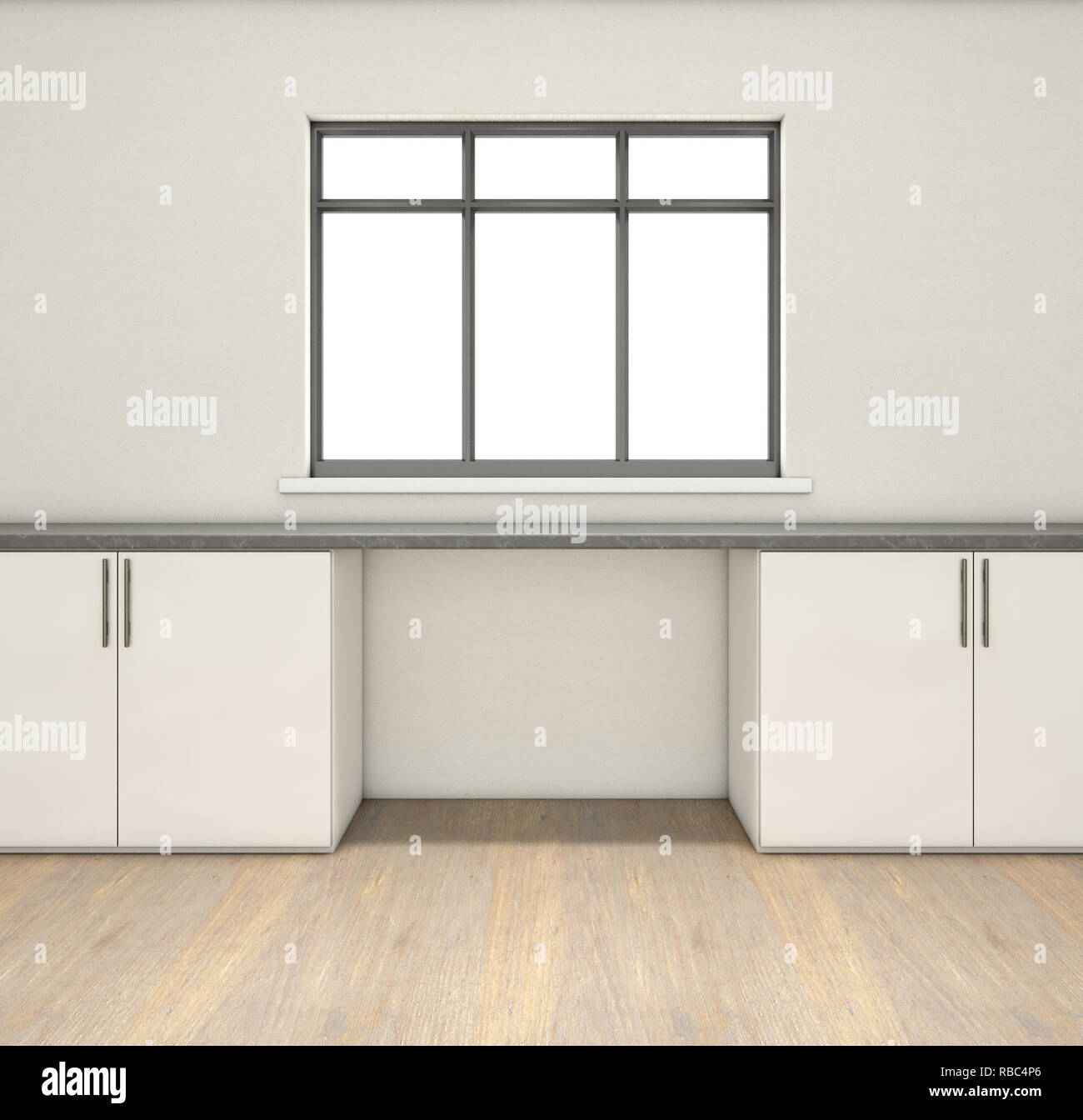 An interior of a very clean empty kitchen with a row of built in ...