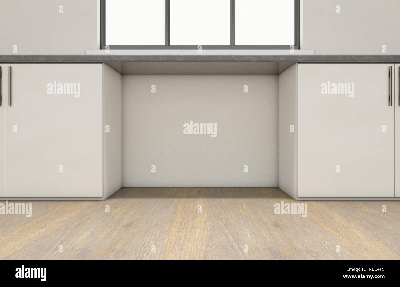 An interior of a very clean empty kitchen with a row of built in ...