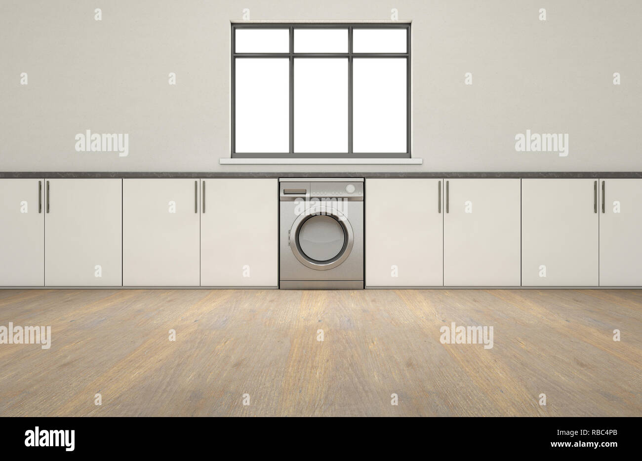 An interior of a very clean empty kitchen with a row of built in ...