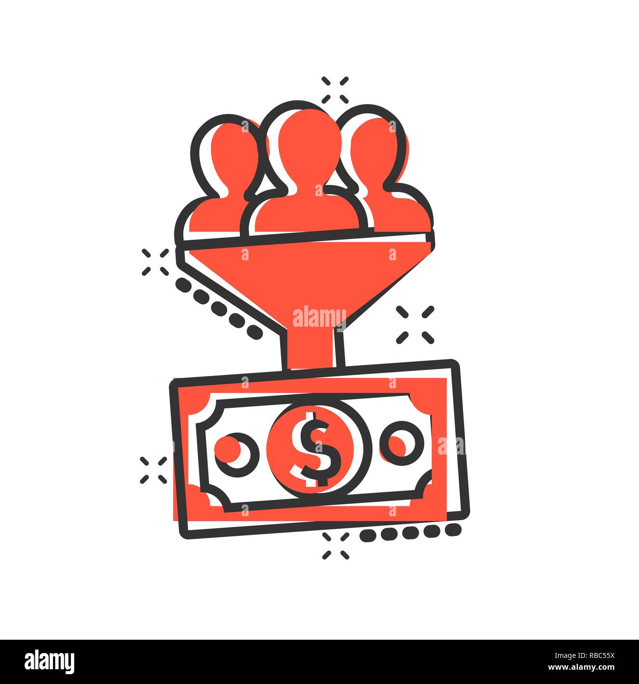 Lead management icon in comic style. Funnel with people, money vector ...