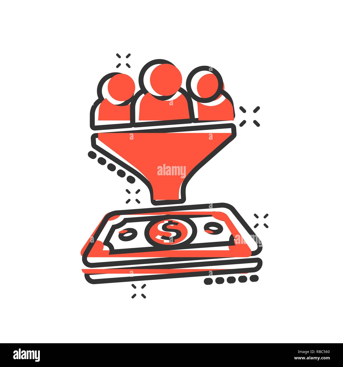 Lead management icon in comic style. Funnel with people, money vector ...