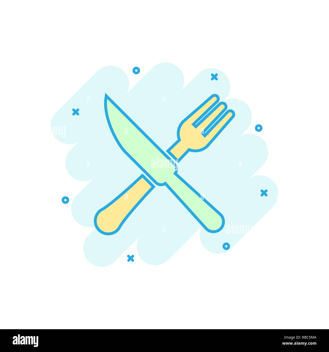 Fork and knife restaurant icon in comic style. Dinner equipment vector ...