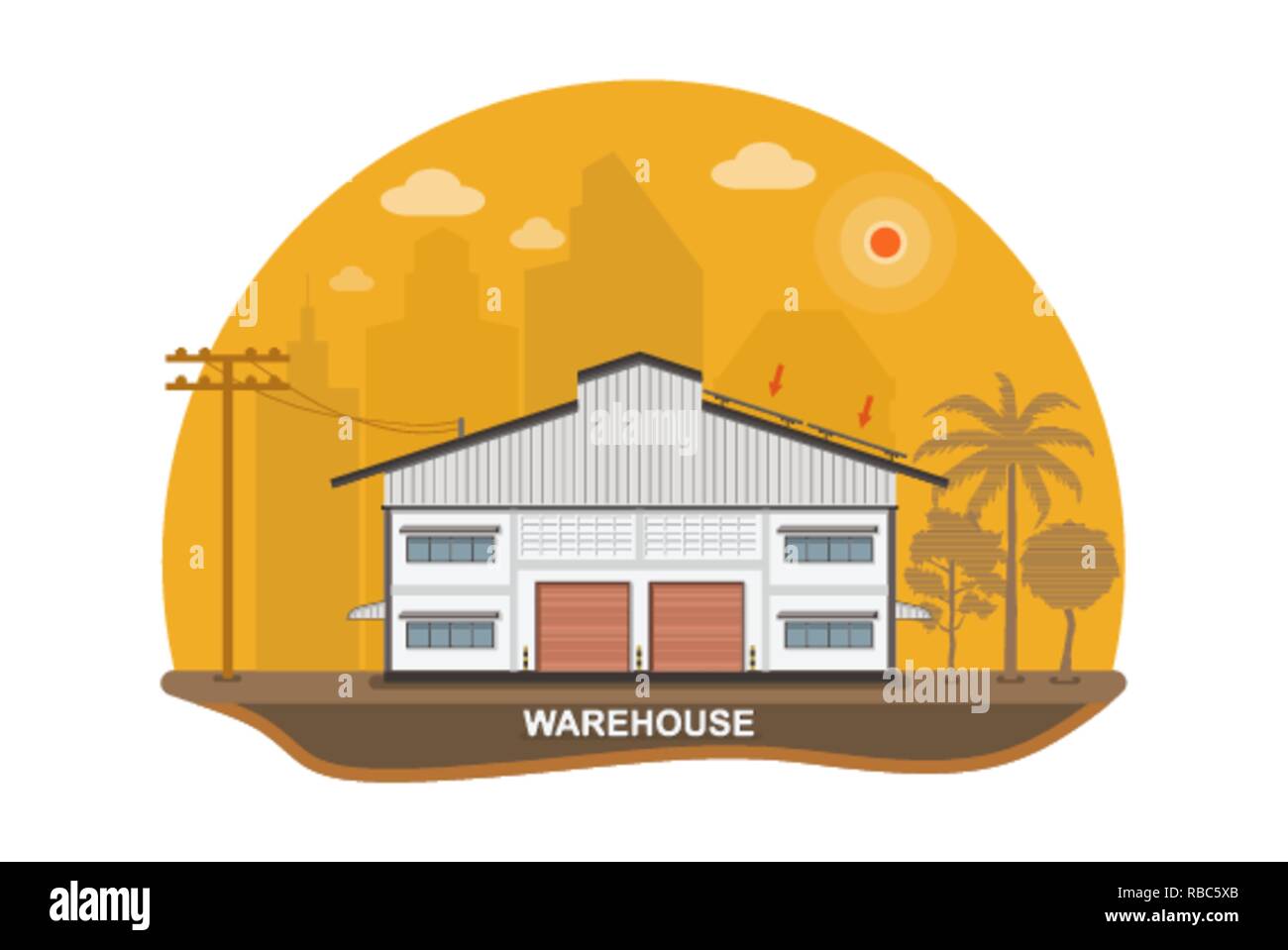 Warehouse with solar panels on the roof vector illustration Stock ...