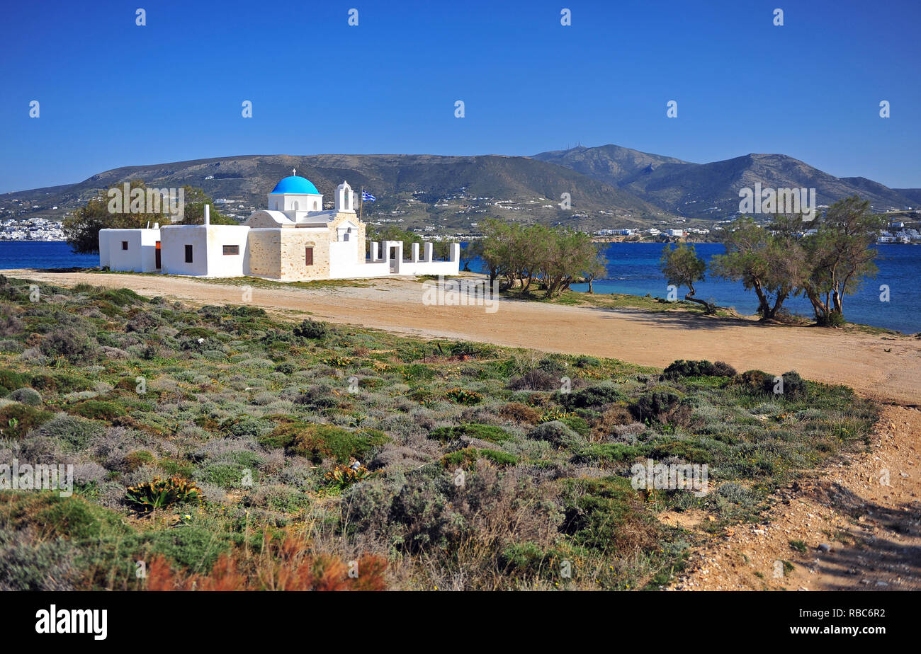Scenic landscape with traditional greek church, Paros Stock Photo - Alamy
