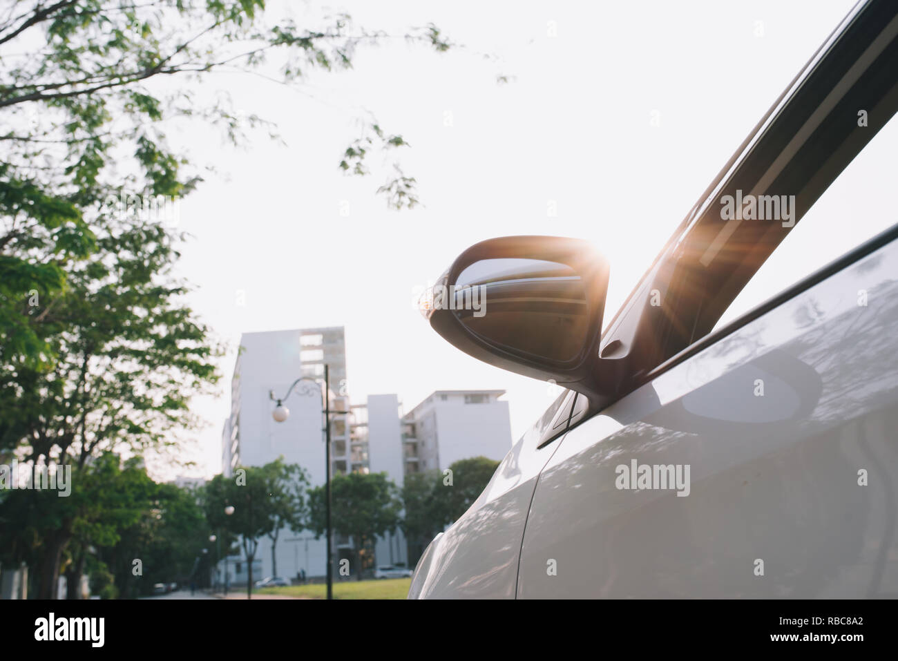 View from back side of new white car parking on the asphalt road in ...
