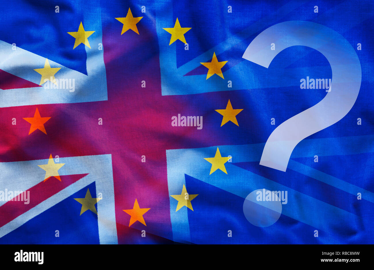 White question mark near overlapped flags of European union and Great ...