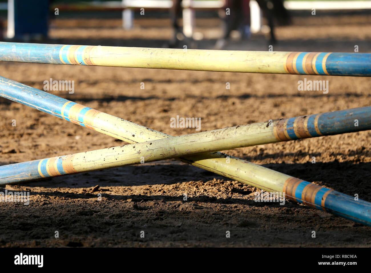 Colorful photo of equestrian obstacles. Empty field for horse jumping ...