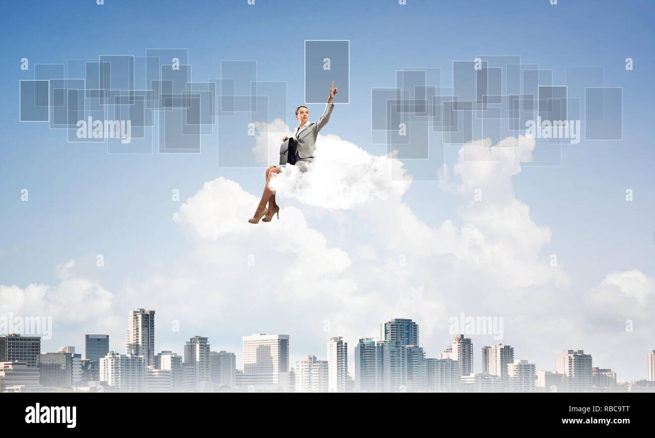 Elegant lady boss or accountant float on cloud and pointing with finger ...