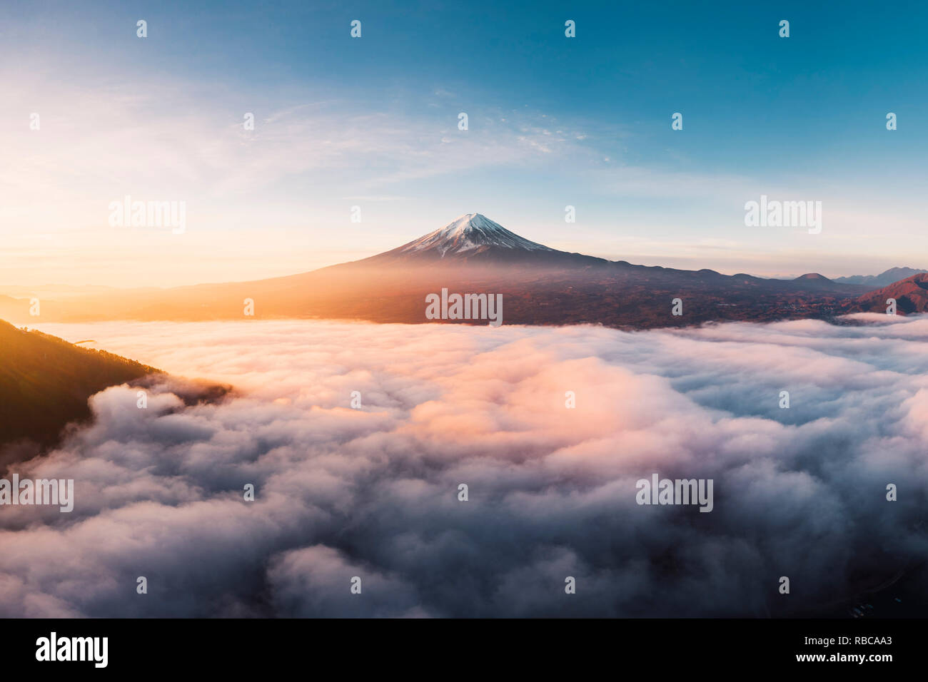 Aerial view of Mt Fuji and sea of fog at sunrise, Yamanashi Prefecture ...