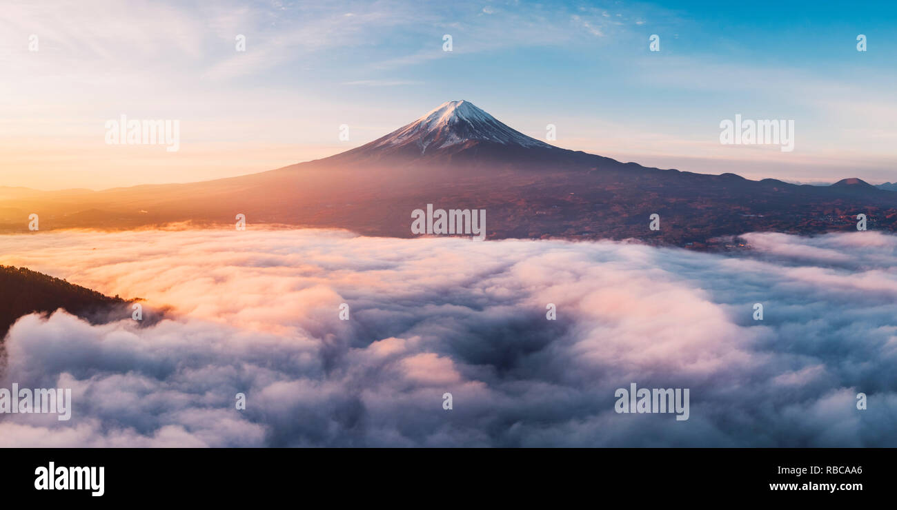 Aerial view of Mt Fuji and sea of fog at sunrise, Yamanashi Prefecture ...