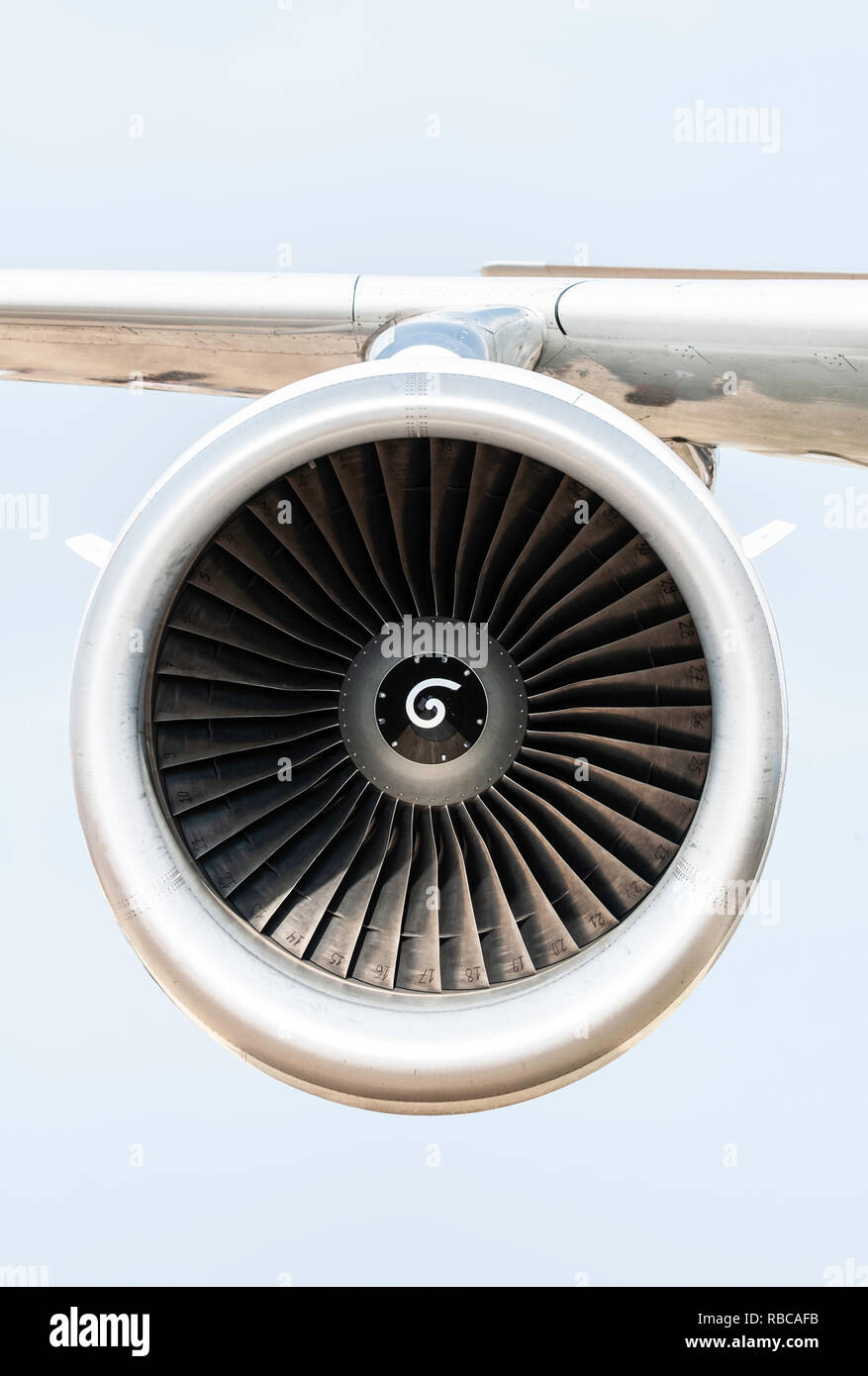 Jet engine on the airplane wing. Close-up frontal view of the jet ...