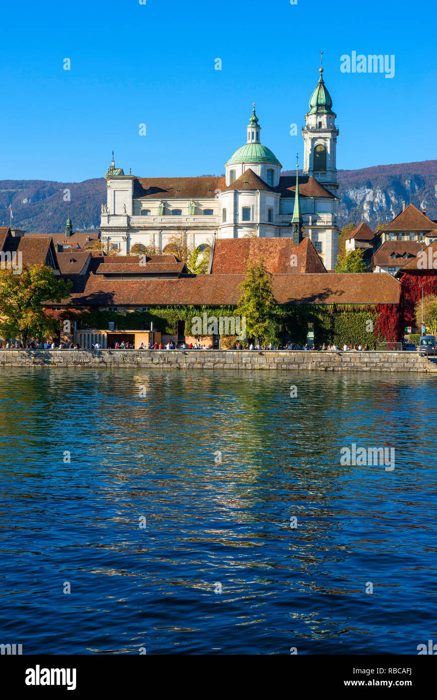 River Aare with St. Ursen cathedral, Solothurn, Switzerland Stock Photo ...