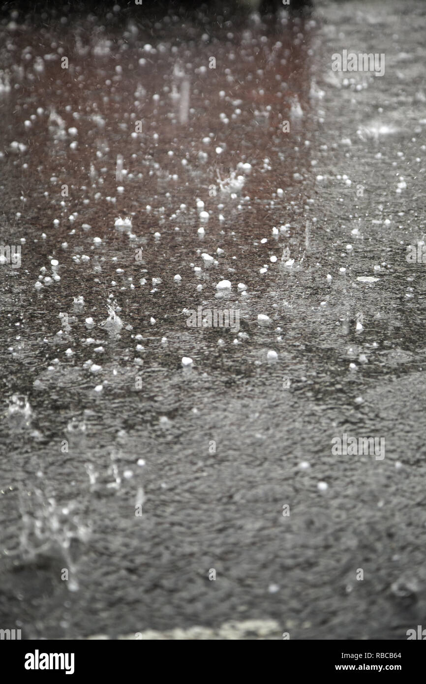 Rain on street ground, hail and meteorological changes, environment ...