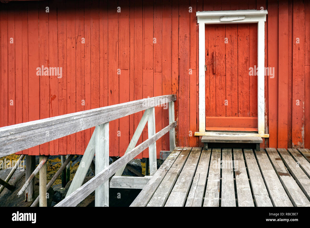 Traditional norwegian red house called rorbu, Lofotens, Norway Stock ...