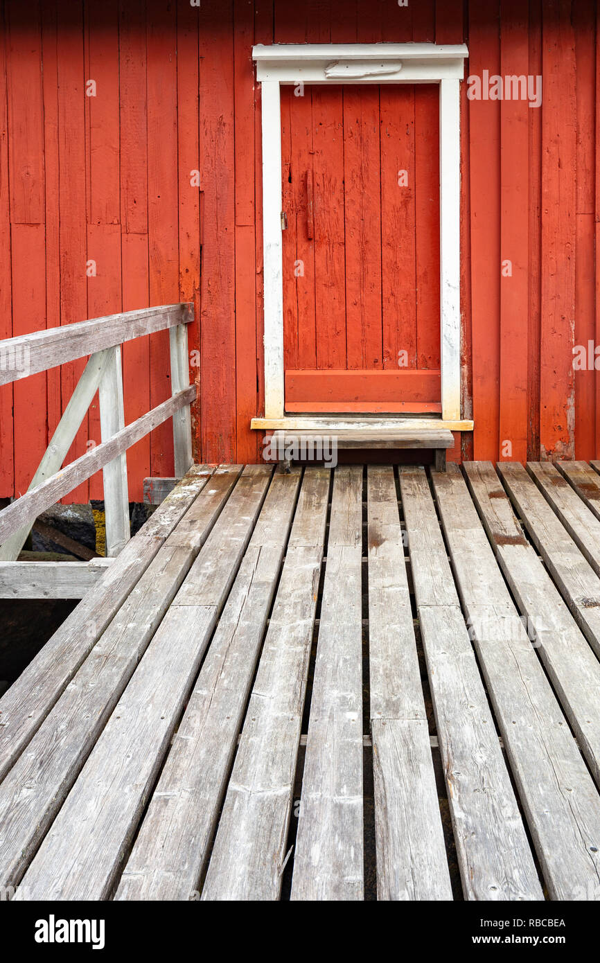 Traditional norwegian red house called rorbu, Lofotens, Norway Stock ...