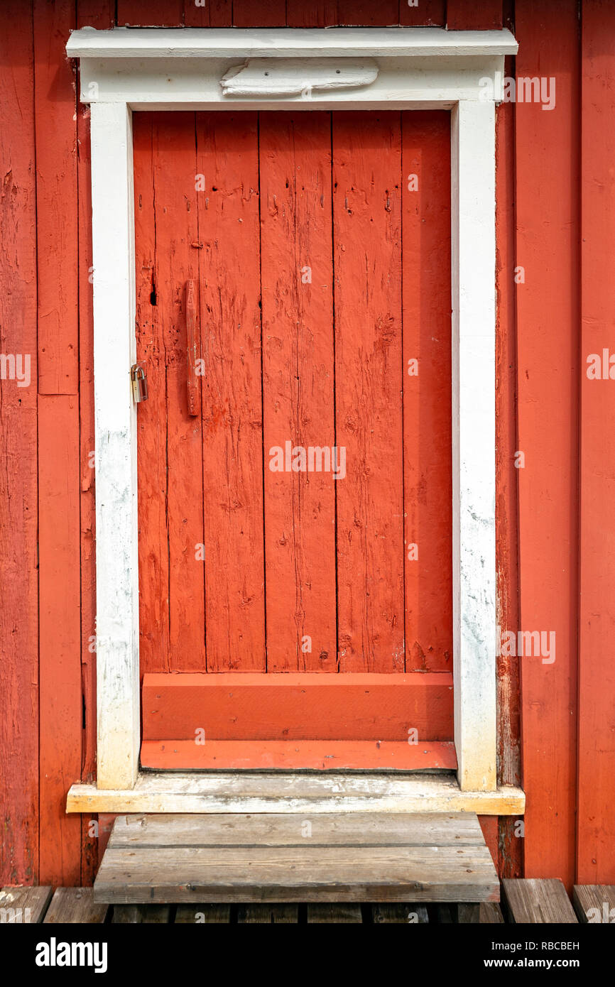 Traditional norwegian red house called rorbu, Lofotens, Norway Stock ...