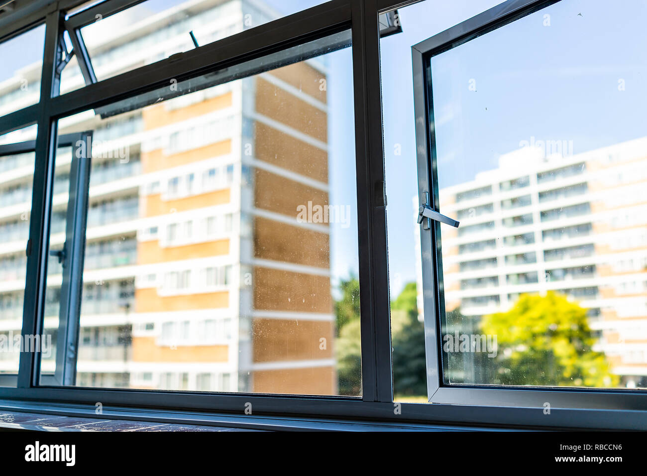 London, UK Window from flat with view of Churchill Gardens neighborhood ...
