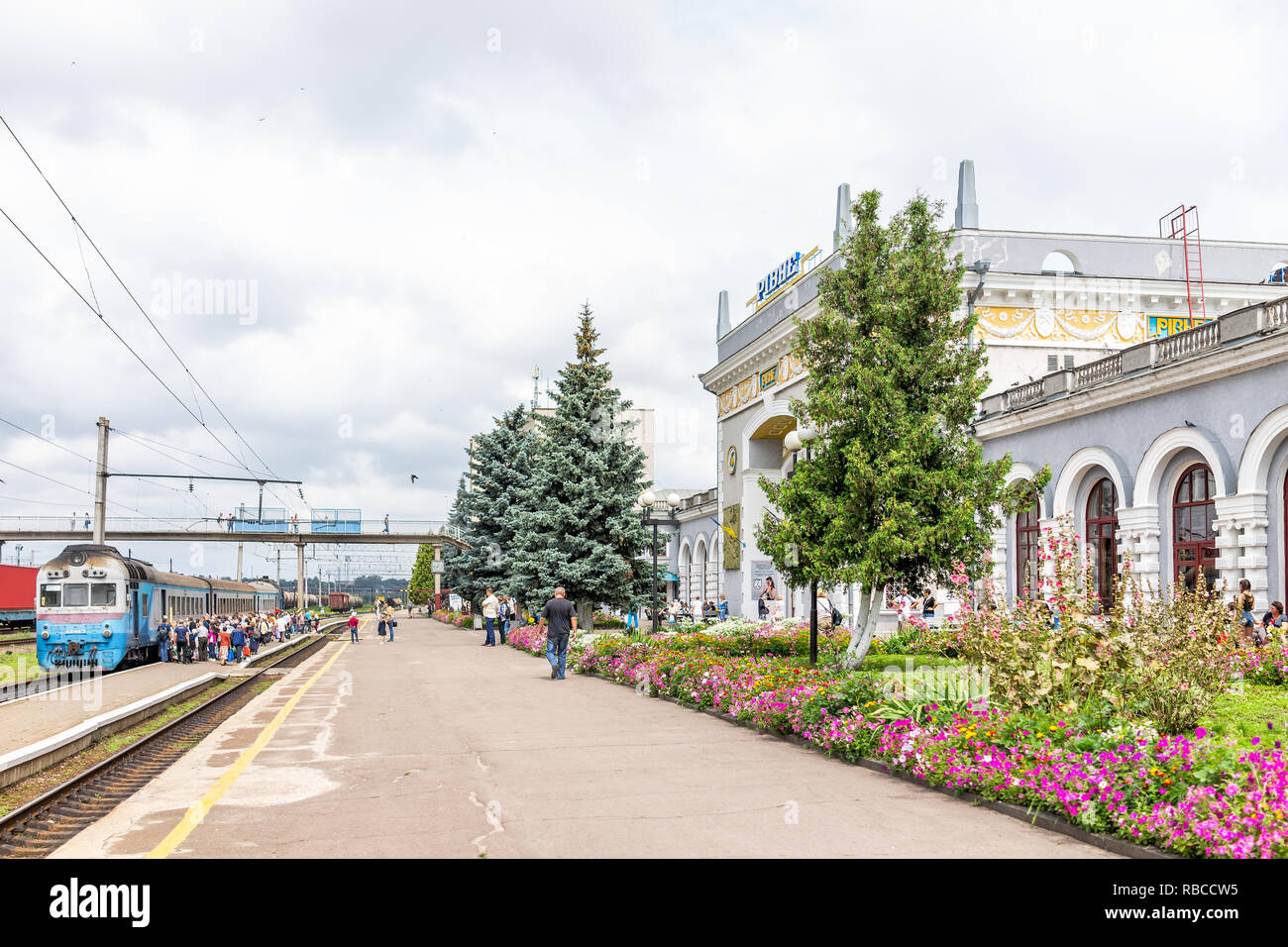 Rivne, Ukraine - July 25, 2018: Railway railroad rail tracks with train ...