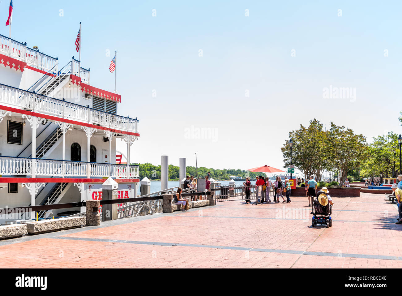 Savannah, USA - May 11, 2018: Old town River street in Georgia famous ...