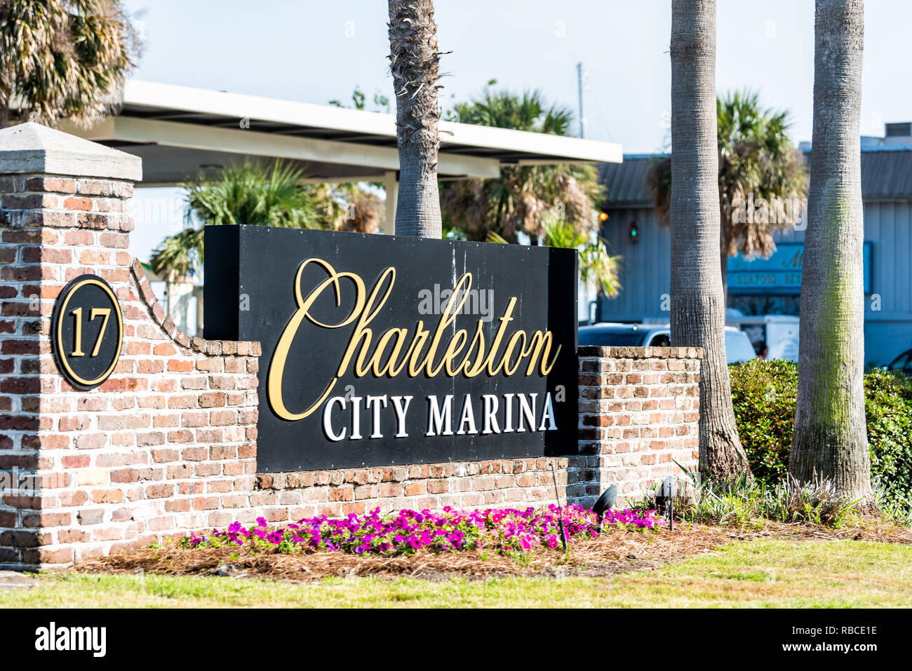 Charleston, USA - May 12, 2018: City Marina sign on street in South ...