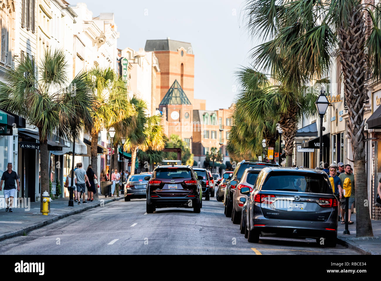Charleston, USA - May 12, 2018: Downtown city King street in South ...