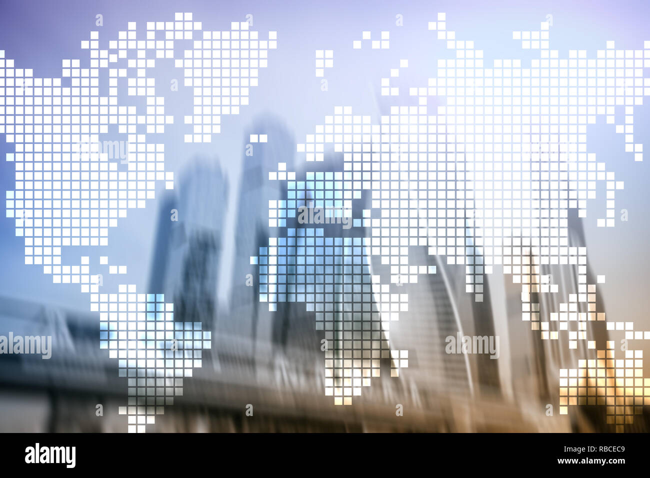 Double exposure world map on skyscraper background. Communication and ...