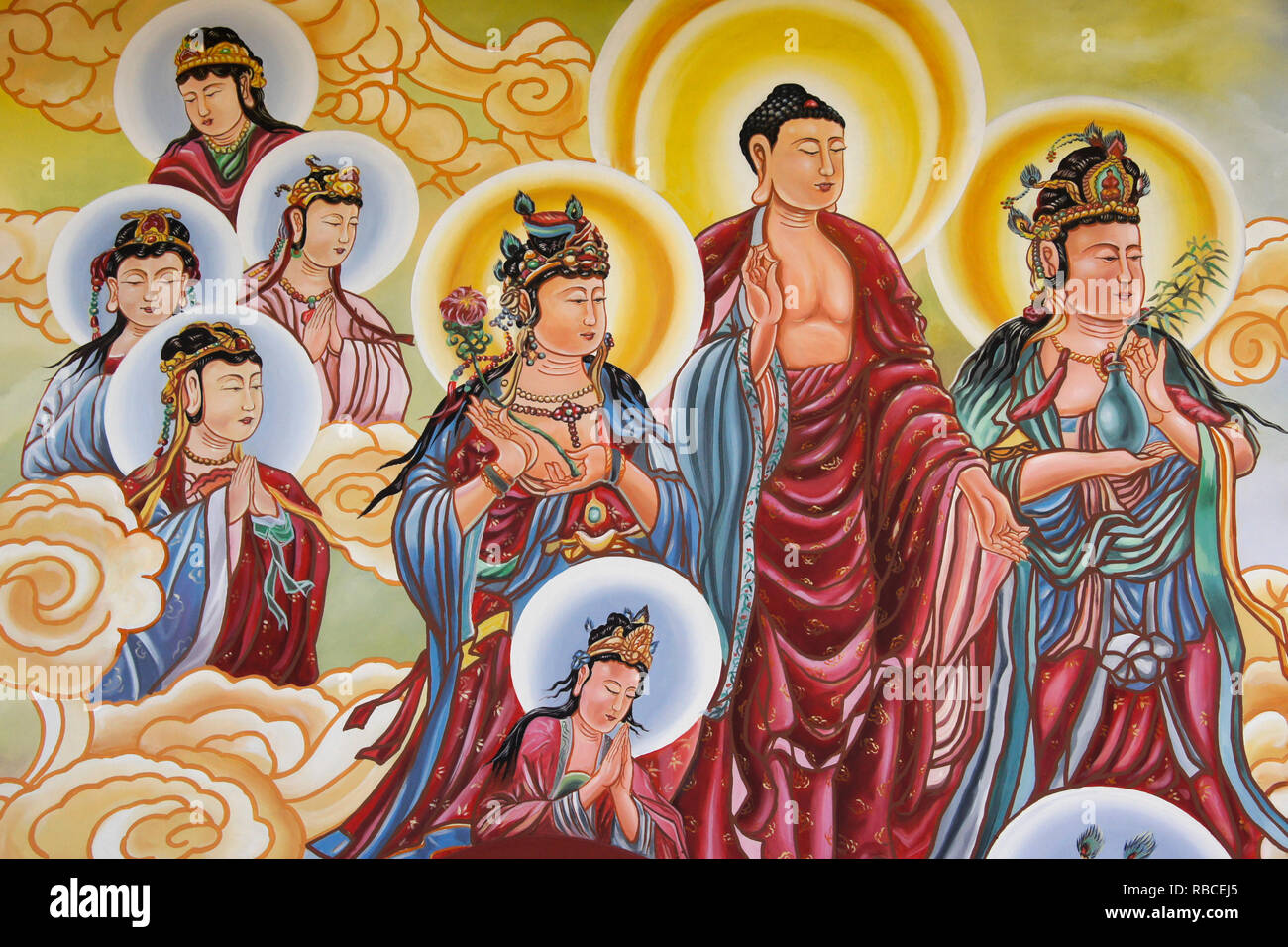 Religious mural painted on wall at Puh Toh Tze (Poh Toh Tse, Pu Tuo Si ...