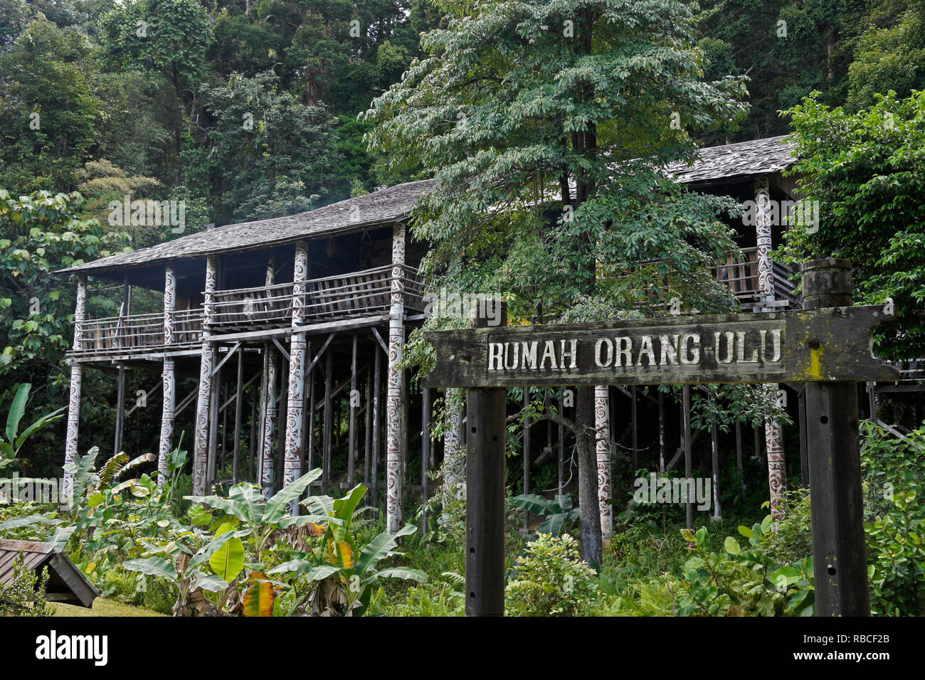 Replica traditional wood and thatch house of Orang Ulu tribe, Sarawak ...