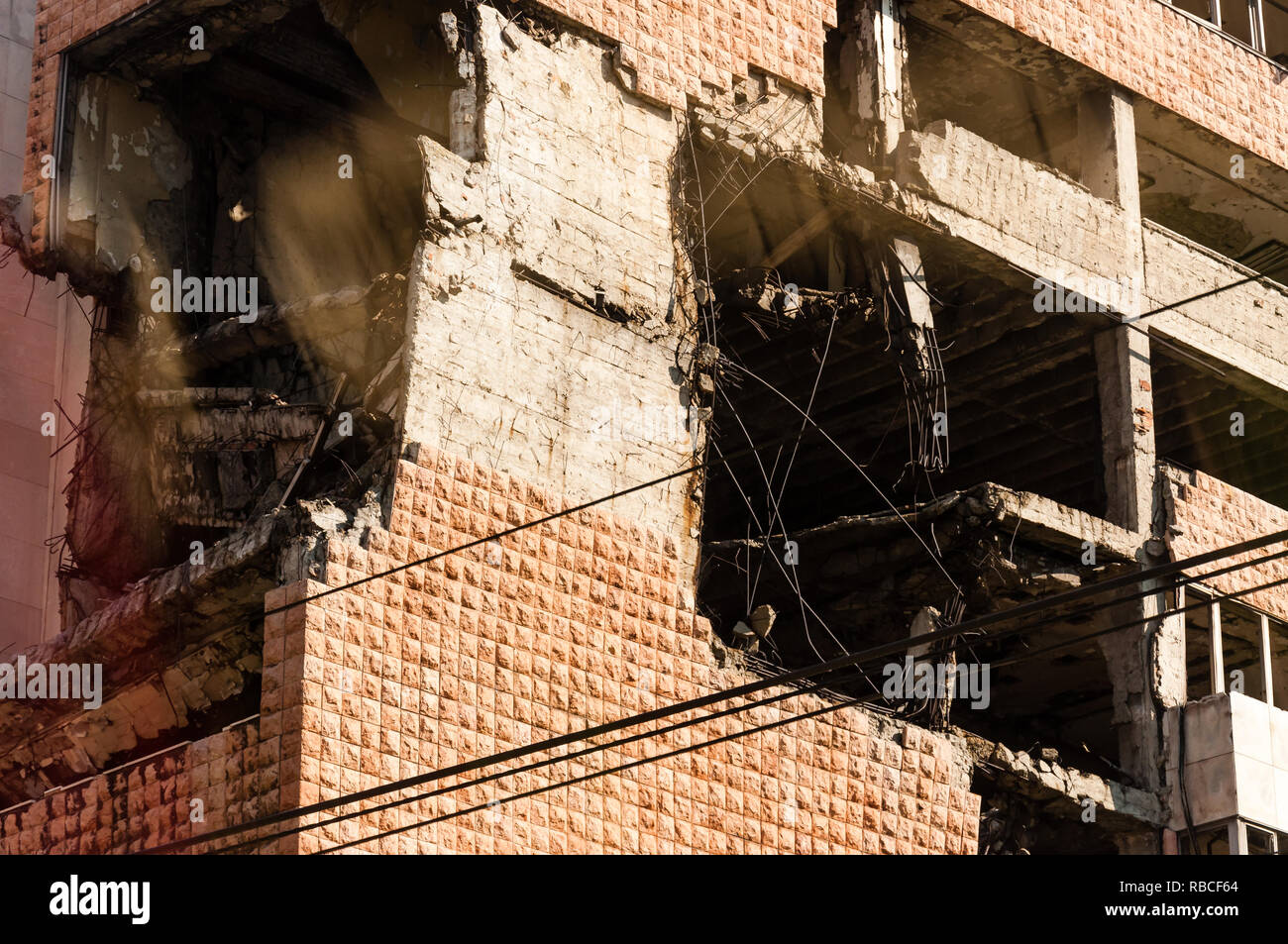 Belgrade, Serbia - June 09, 2013: View from autobus window on destroyed ...
