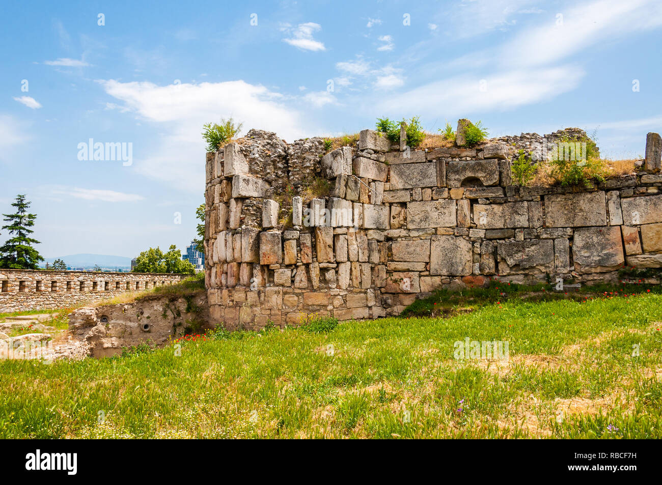 Ruined stone wall fragments on the hill as a part of ancient destroyed ...