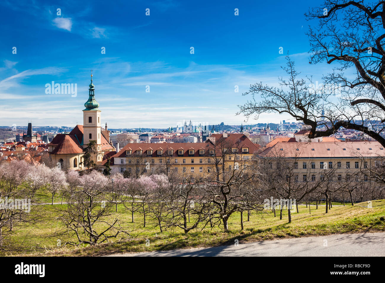 Prague city seen from the Petřín Gardens at the begining of spring ...
