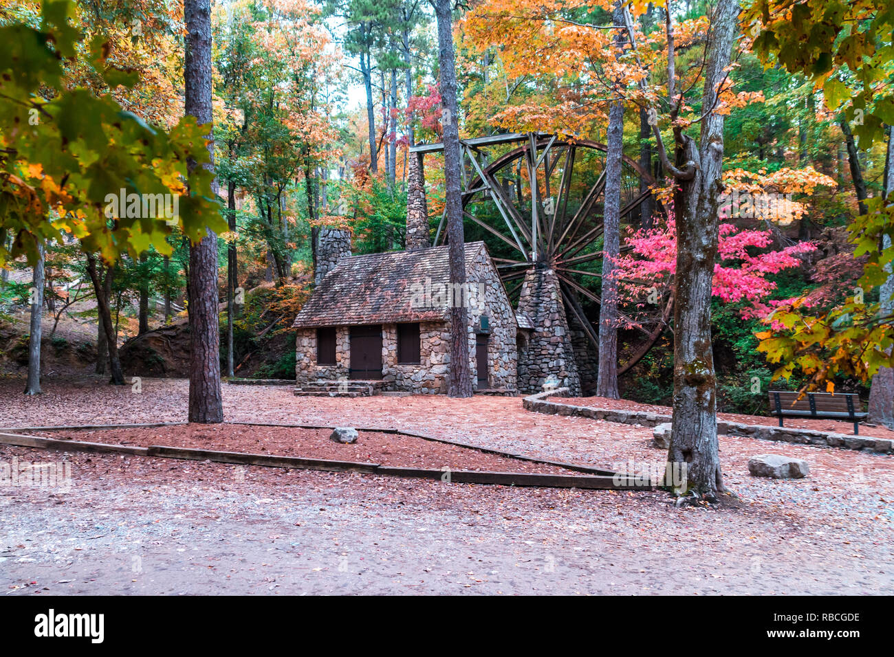 Scenic autumn view of historical wooden old mill in Georgia. Old mill ...