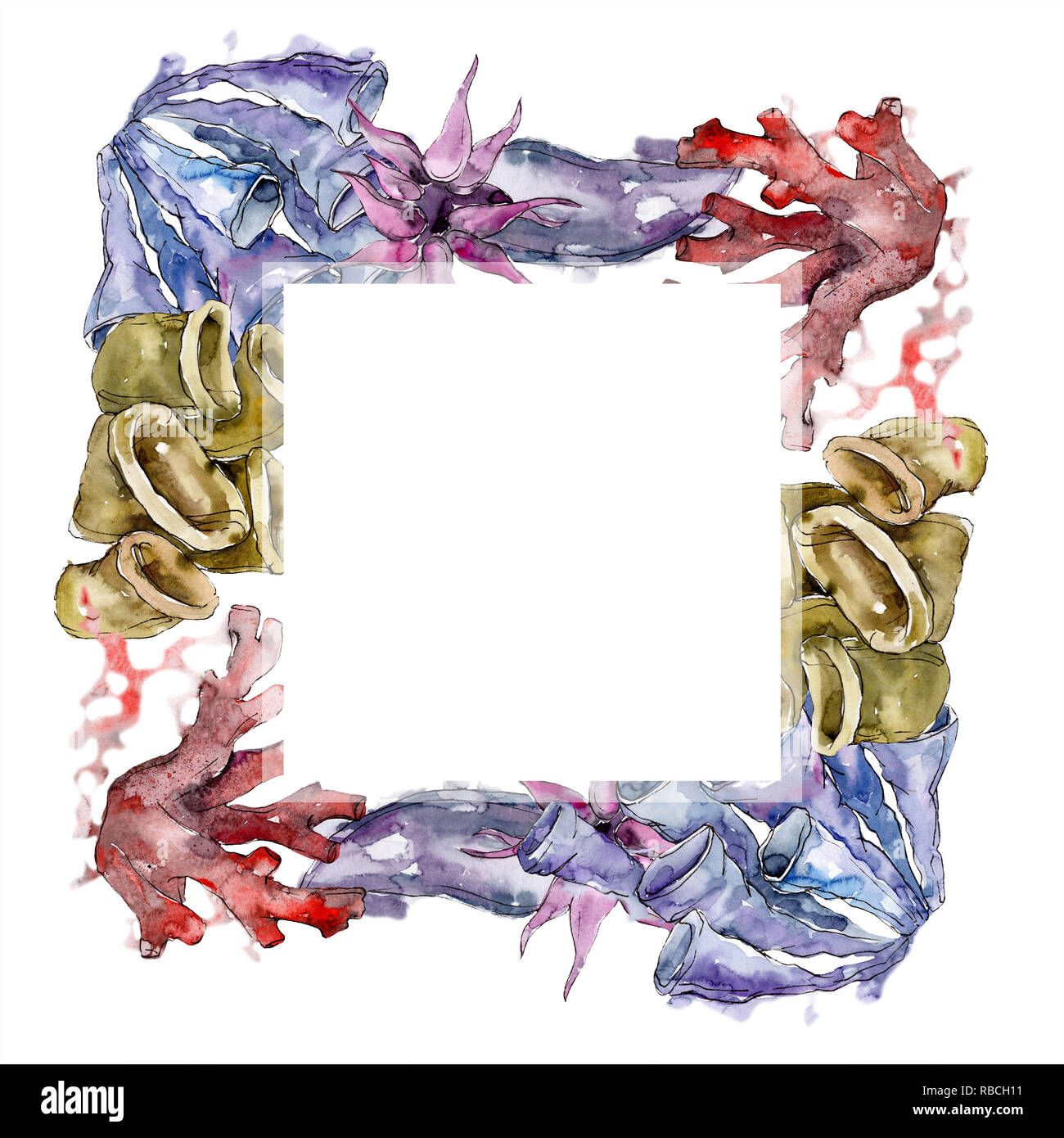 Purple and red aquatic nature coral reef. Watercolor background ...