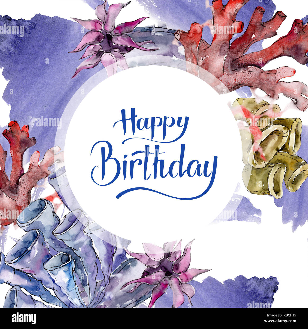 Purple and red aquatic nature coral reef. Watercolor background ...