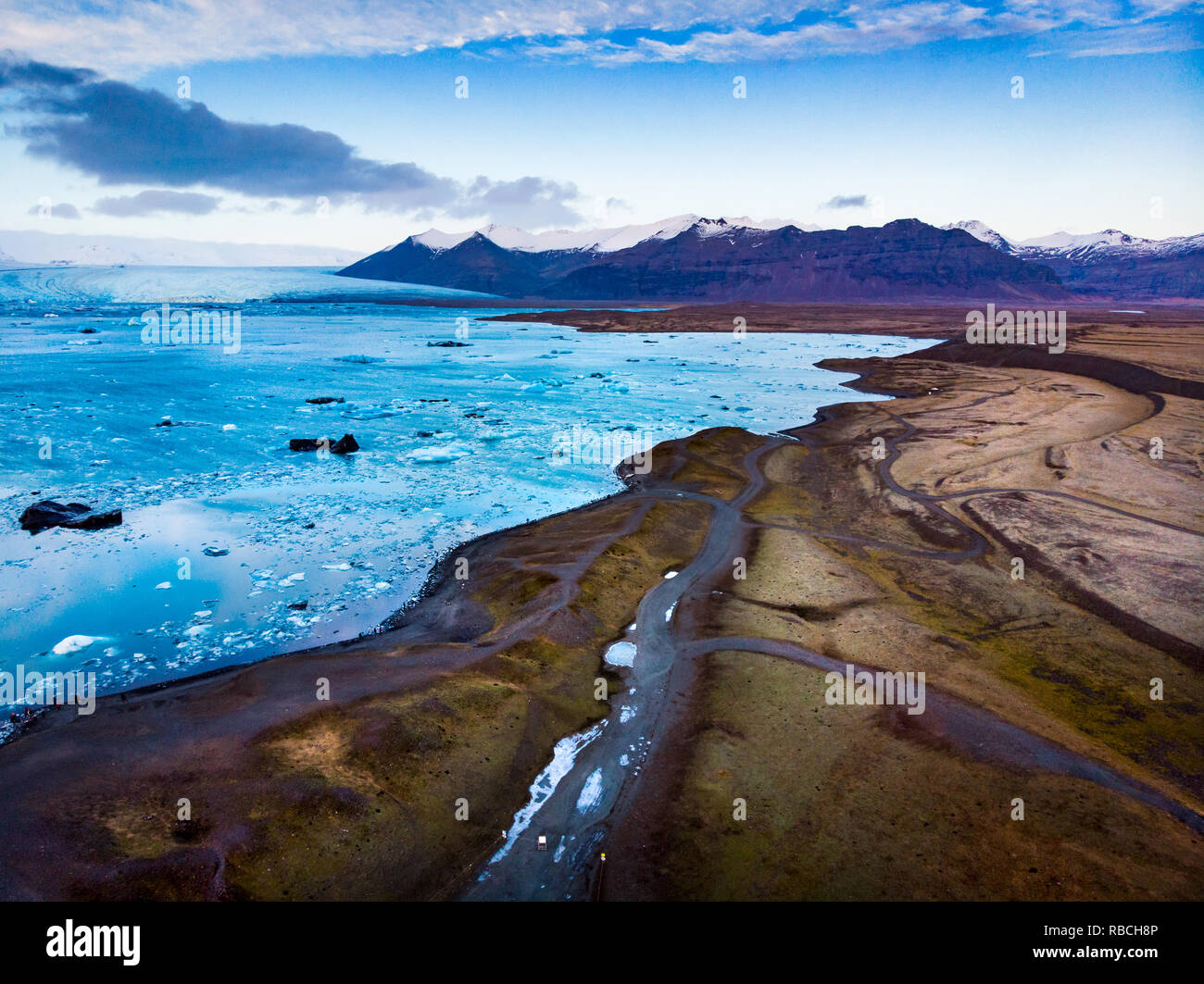 Jokulsarlon Glacier Lagoon in Iceland at sunset aerial view Stock Photo ...