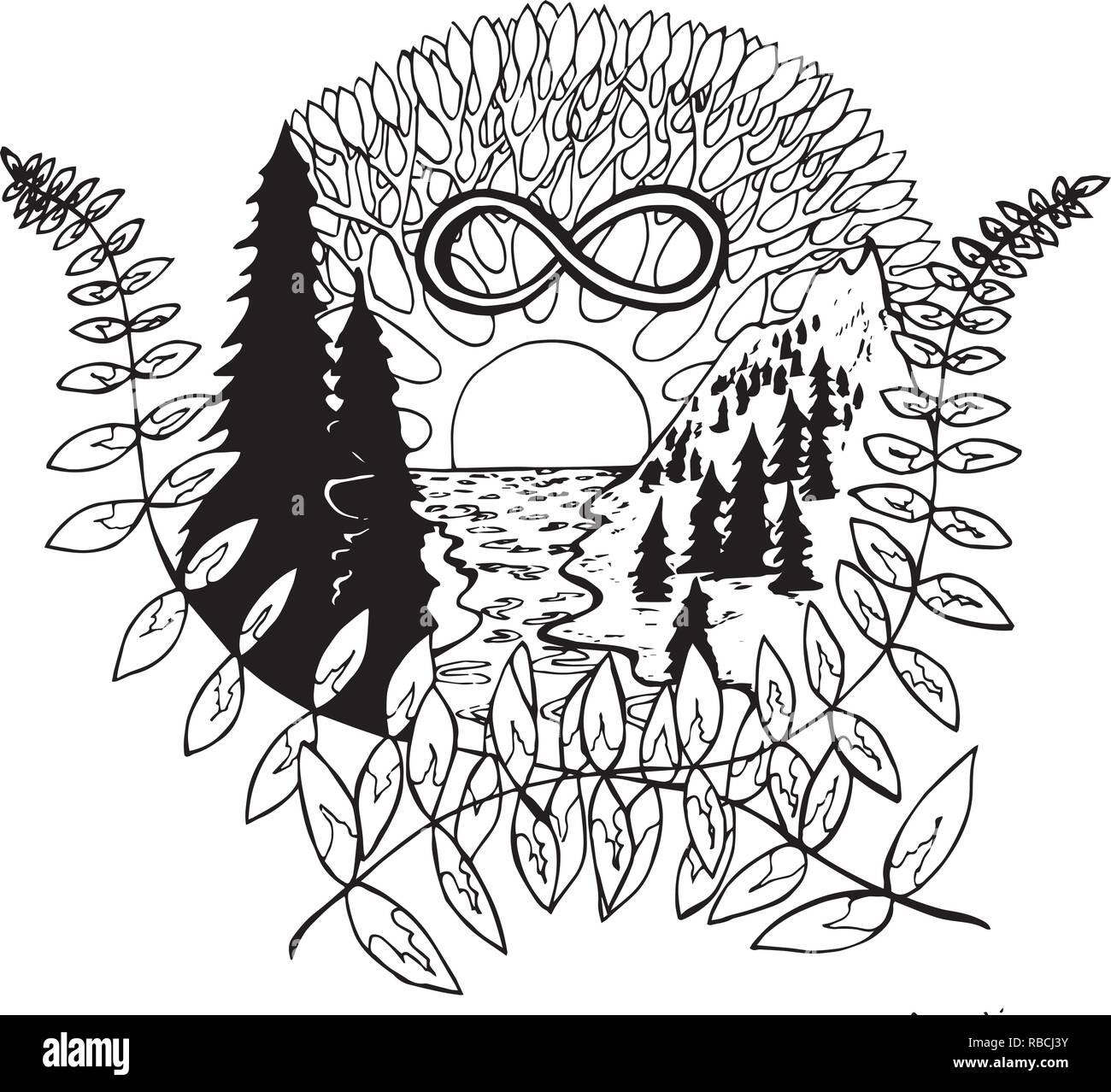 Illustration of Christmas trees, lake, island, sunset, infinity sign ...