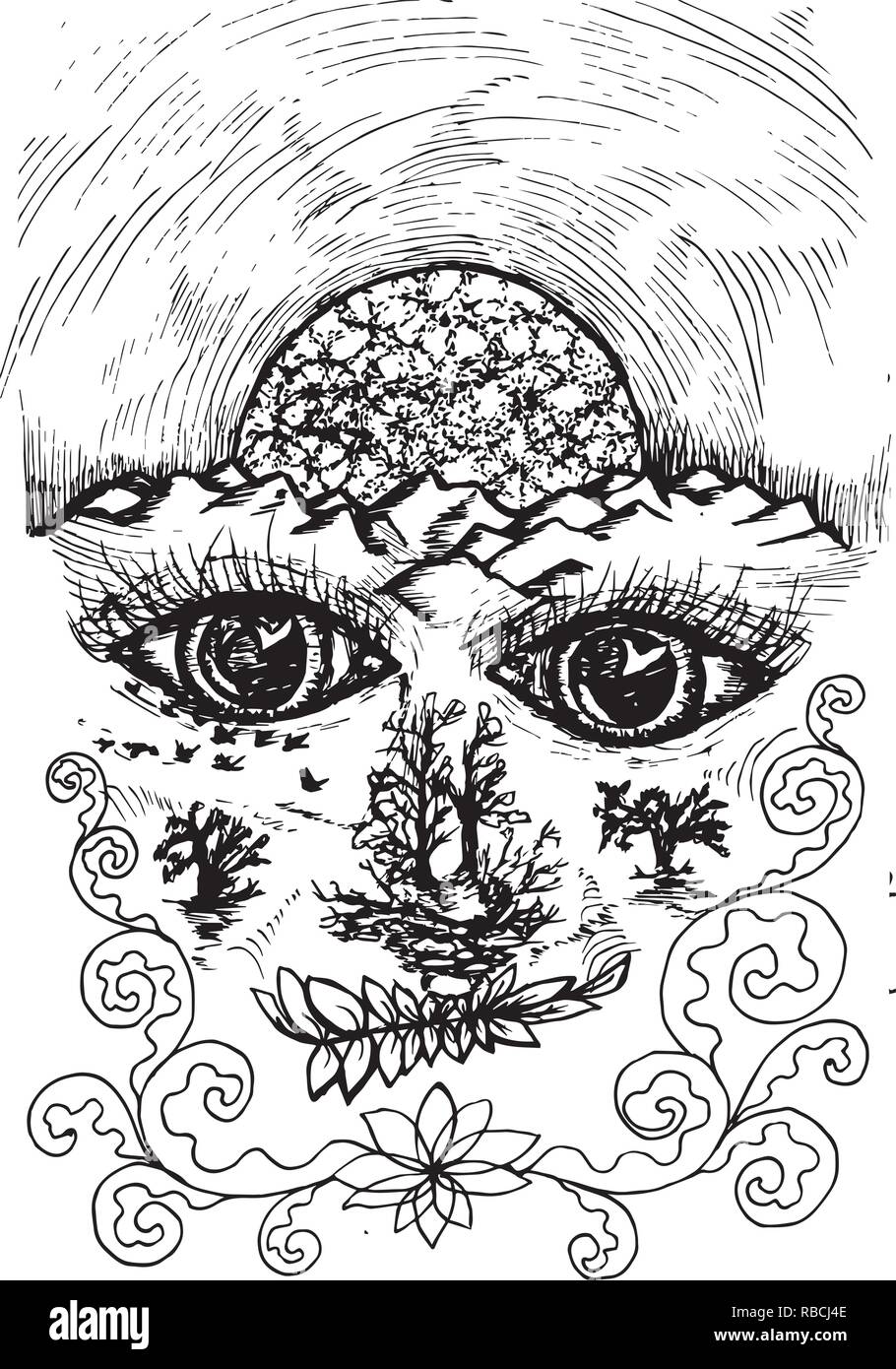 Illustration of the spirit of the earth, eyes and earth in perspective ...