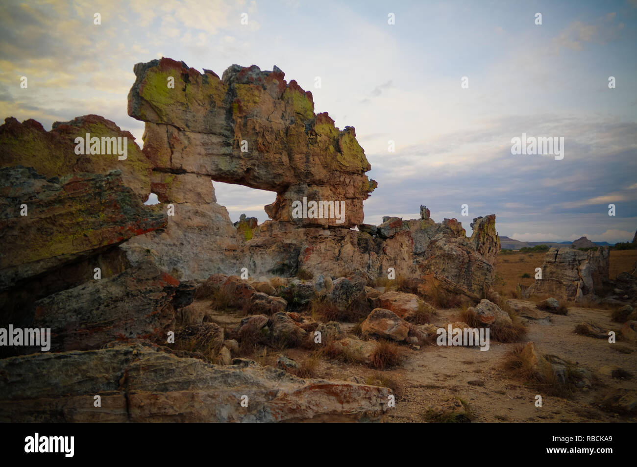 Abstract Rock formation aka window at Isalo national park at sunset in ...