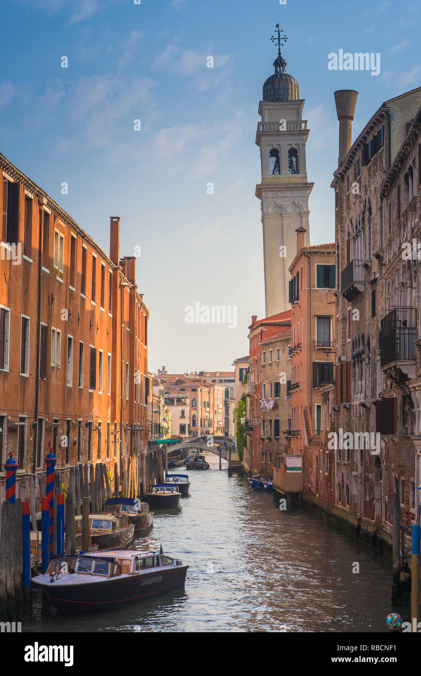 Venice canal view, church tower Stock Photo - Alamy