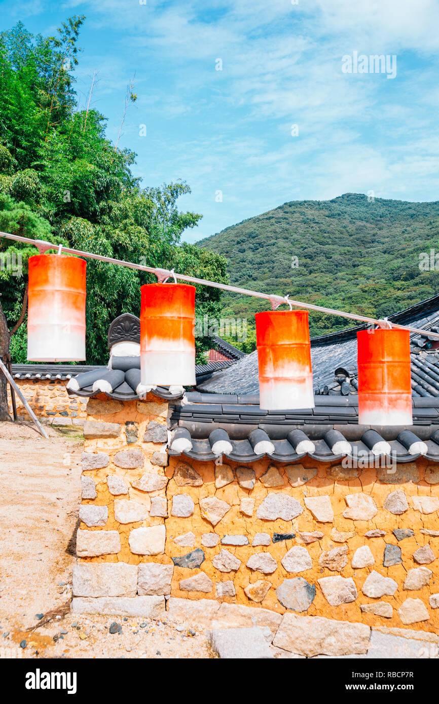 Colorful lanterns and Korean traditional stone wall at Beomeosa temple ...