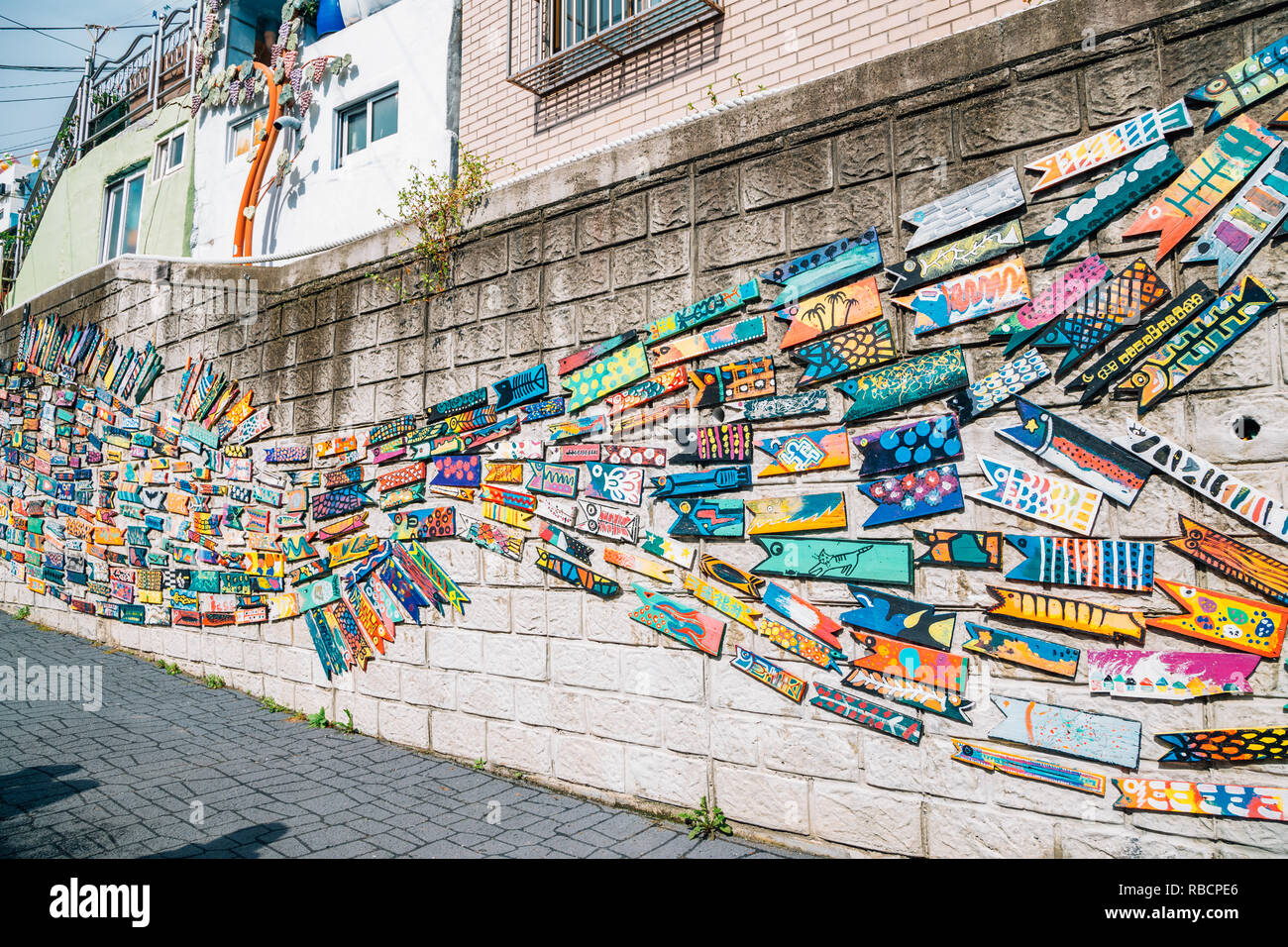 Busan, Korea - September 23, 2018 : Colorful painted fish wall at ...