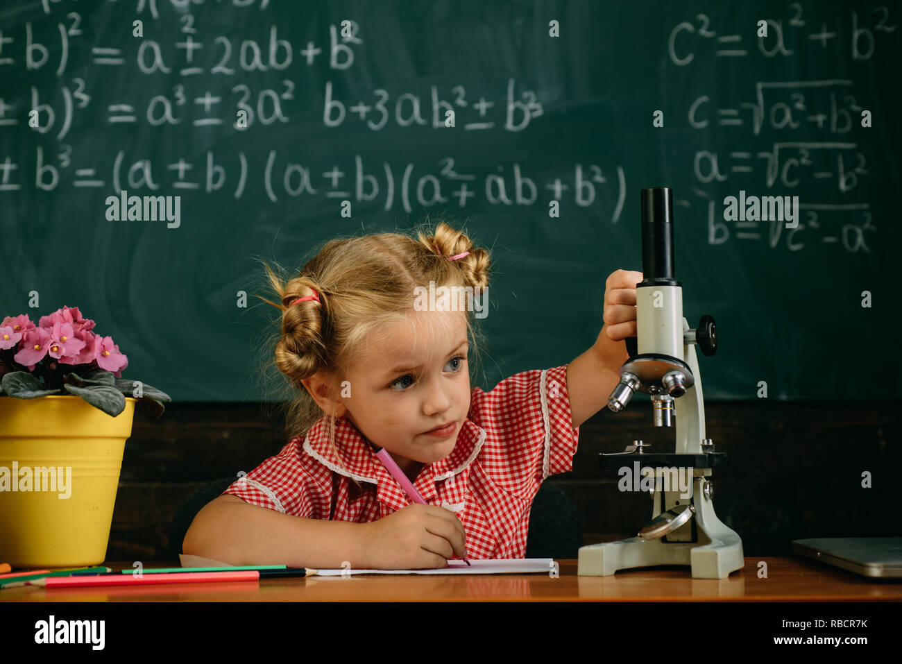 Little girl study in biology classroom at school. Schoolgirl work on ...
