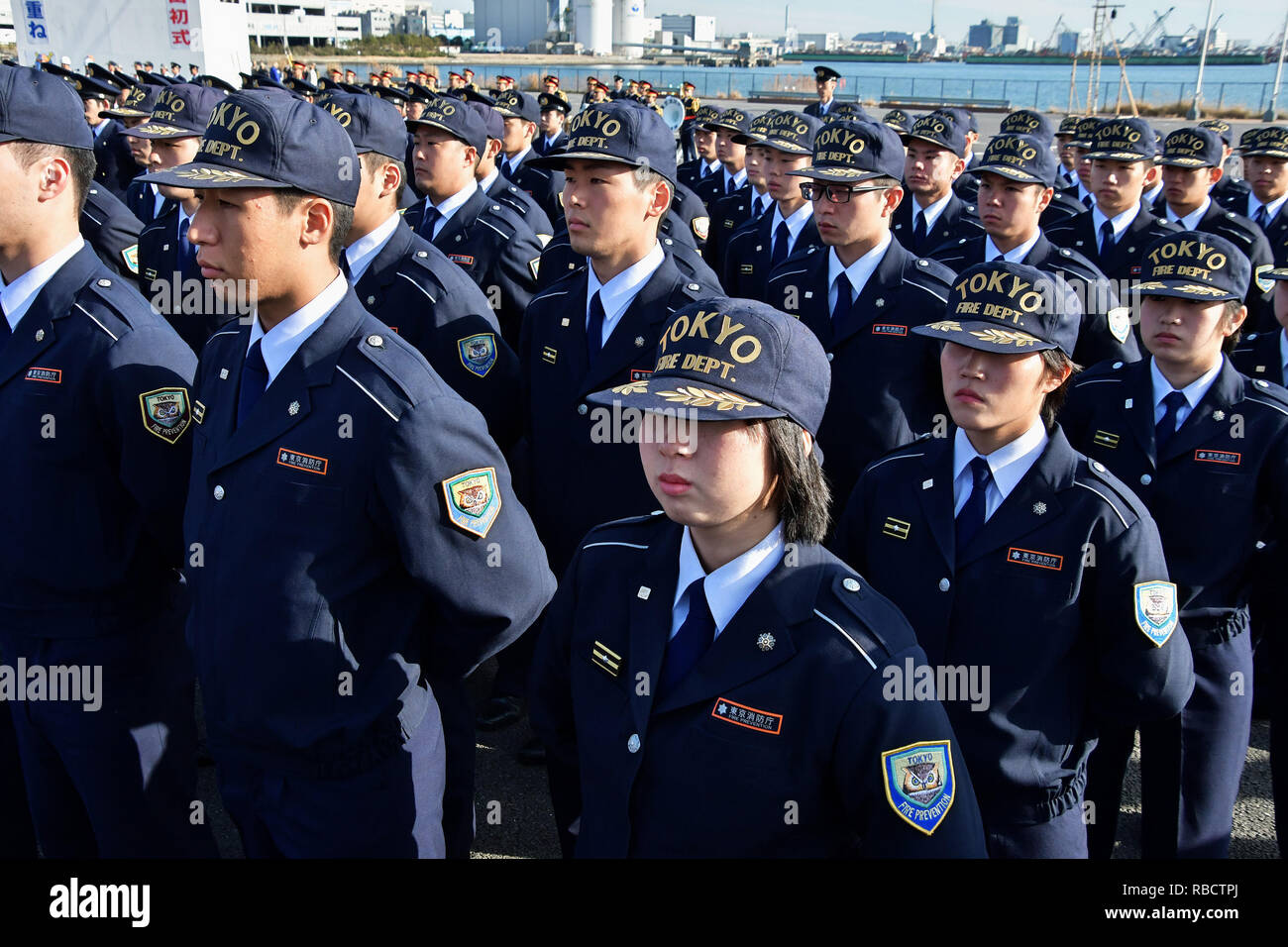Fire officer members join at the New Year fire review of the Tokyo Fire ...